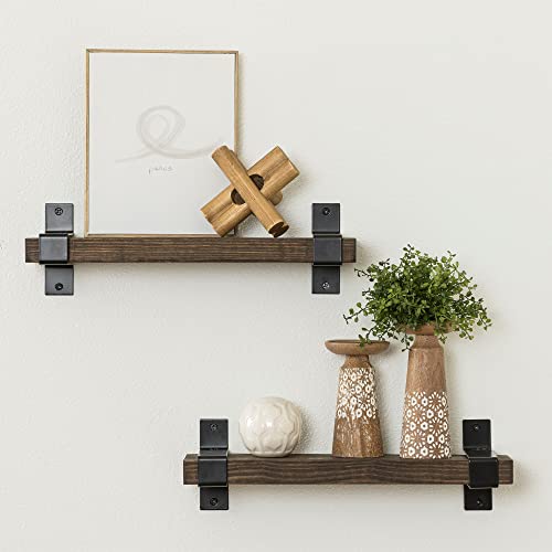 del Hutson Designs 20" Industrial Grace Wrap Bracket Farmhouse Solid Natural Pine Wood Wall Mount Display Ledge Floating Shelf, Dark Walnut (Set of 2)