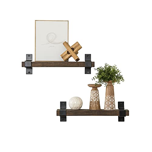 del Hutson Designs 20" Industrial Grace Wrap Bracket Farmhouse Solid Natural Pine Wood Wall Mount Display Ledge Floating Shelf, Dark Walnut (Set of 2)