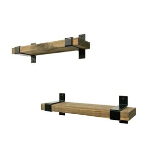 del Hutson Designs 20" Industrial Grace Wrap Bracket Farmhouse Solid Natural Pine Wood Wall Mount Display Ledge Floating Shelf, Dark Walnut (Set of 2)