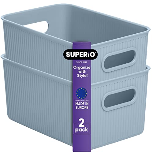 Superio Decorative Plastic Open Home Storage Bins Organizer Baskets, Medium Blue (2 Pack) Container Boxes for Organizing Closet Shelves Drawer Shelf - Ribbed Collection 5 Liter