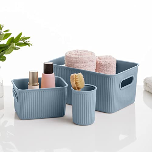 Superio Decorative Plastic Open Home Storage Bins Organizer Baskets, Medium Blue (2 Pack) Container Boxes for Organizing Closet Shelves Drawer Shelf - Ribbed Collection 5 Liter