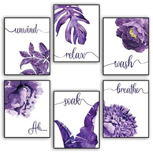 outus 6 pieces purple wall art decor relax soak wash breathe unwind bathroom decor unframed flower poster prints photos farmhouse wall painting decor for home bathroom washroom, 8 x 10 inch (purple)