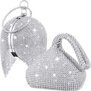 2 pieces women’s evening handbags rhinestone clutch wedding purse rhinestone bag triangle bling glitter clutch bag round ball crystal tassel evening bag for bridesmaid engagement party(silver)