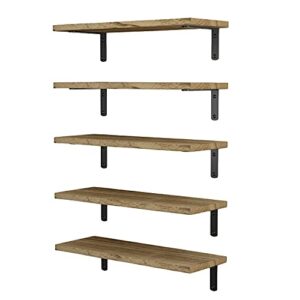 wallniture palma floating shelves for wall, rustic wood wall shelves for bedroom storage, natural burned small bookshelf set of 5