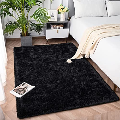 Fulie Ultra Soft Shag Area Rugs for Bedroom, Black Fluffy Modern Plush Rugs for Living Room Kids Girls Dorm Room Floor Carpets, Fuzzy Rugs for Nursery Bedside Home Decor, 3x5 Feet