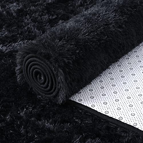 Fulie Ultra Soft Shag Area Rugs for Bedroom, Black Fluffy Modern Plush Rugs for Living Room Kids Girls Dorm Room Floor Carpets, Fuzzy Rugs for Nursery Bedside Home Decor, 3x5 Feet