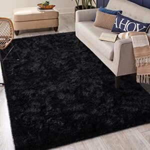 Fulie Ultra Soft Shag Area Rugs for Bedroom, Black Fluffy Modern Plush Rugs for Living Room Kids Girls Dorm Room Floor Carpets, Fuzzy Rugs for Nursery Bedside Home Decor, 3x5 Feet