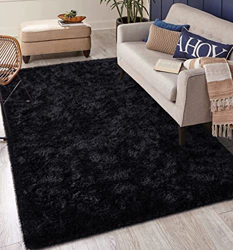 Fulie Ultra Soft Shag Area Rugs for Bedroom, Black Fluffy Modern Plush Rugs for Living Room Kids Girls Dorm Room Floor Carpets, Fuzzy Rugs for Nursery Bedside Home Decor, 3x5 Feet