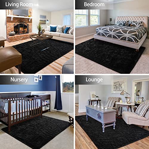 Fulie Ultra Soft Shag Area Rugs for Bedroom, Black Fluffy Modern Plush Rugs for Living Room Kids Girls Dorm Room Floor Carpets, Fuzzy Rugs for Nursery Bedside Home Decor, 3x5 Feet