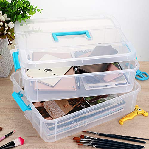 JUXYES 2-Tiers Stack Carry Storage Box With Handle, Transparent Stackable Storage Bin With Handle Lid Latching Storage Container for School & Office Supplies (Blue)