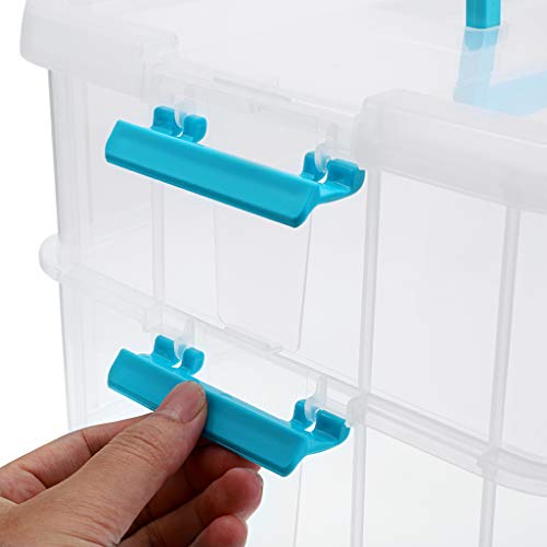 JUXYES 2-Tiers Stack Carry Storage Box With Handle, Transparent Stackable Storage Bin With Handle Lid Latching Storage Container for School & Office Supplies (Blue)