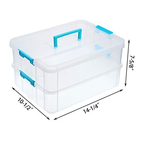 JUXYES 2-Tiers Stack Carry Storage Box With Handle, Transparent Stackable Storage Bin With Handle Lid Latching Storage Container for School & Office Supplies (Blue)