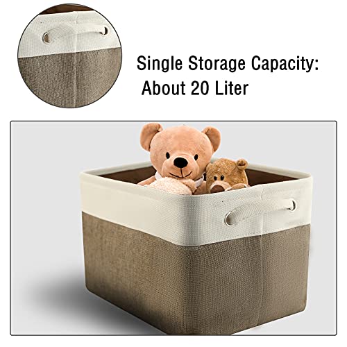 ECOMEX Fabric Storage Baskets for Organizing, Baskets Storage Bins Clothes with Rope Handles, Empty Decorative Gift Baskets for Nursery Shelf, Closet, Office（1 Pack, White Fight Brown）