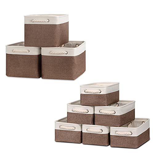 Bidtakay Baskets Set Fabric Storage Bins-White&Earthy Brown Bundled Baskets of 3 Medium Baskets 15" X 11" X 9.5" + 6 Small Baskets 11.8" X 7.8" X 5"