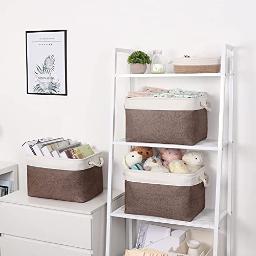 Bidtakay Baskets Set Fabric Storage Bins-White&Earthy Brown Bundled Baskets of 3 Medium Baskets 15" X 11" X 9.5" + 6 Small Baskets 11.8" X 7.8" X 5"