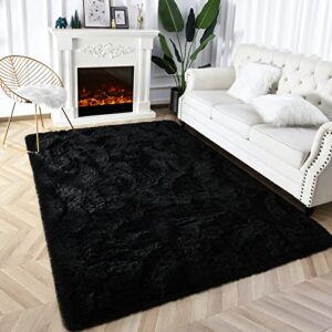 prabia super soft fluffy shaggy rugs 4×5.9 feet for living room bedroom, fuzzy plush area rugs for girls kids room nursery home decor, furry dorm rug cute non-slip indoor floor carpet, black