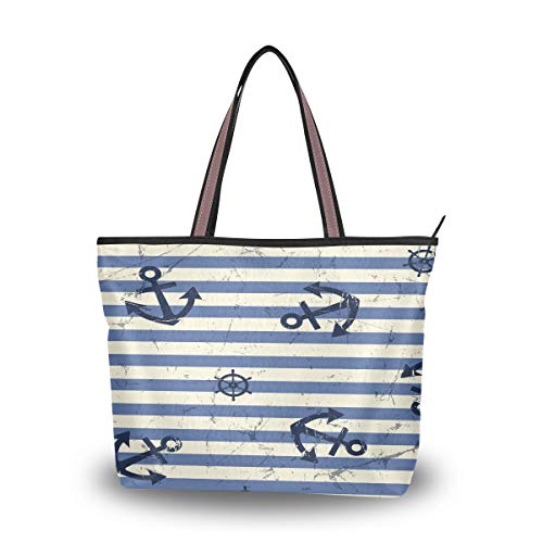 QMXO Sea Anchor Stripe Blue Handbags and Purse for Women Tote Bag Large Capacity Top Handle Shopper Shoulder Bag