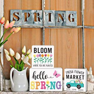 Huray Rayho Party Hello Spring Tiered Tray Decorations Farmhouse Mini Wood Decor Easter Table Centerpieces Fresh Flower Market Home 3D Signs Seasonal Bloom Butterfly Kitchen Wooden Ornaments Set of 3