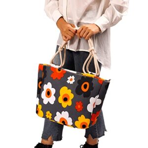 Manfnee Women's Flower Large Beach Tote Bag Canvas Handbag for Travel Gym Beach Holiday Shopping