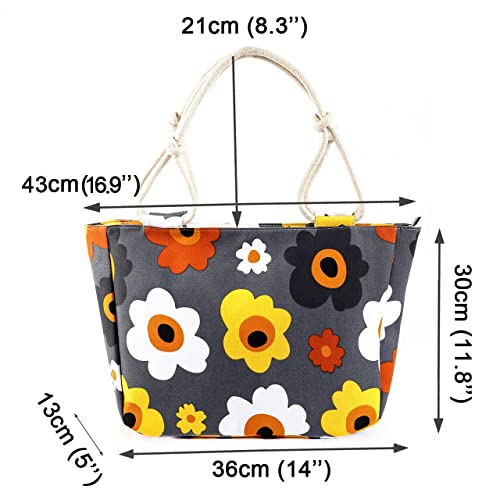 Manfnee Women's Flower Large Beach Tote Bag Canvas Handbag for Travel Gym Beach Holiday Shopping