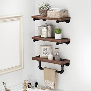 bosuru industrial iron pipe shelves wall mount wood floating shelf rustic diy storage shelving with towel rack for bathroom,living room,bedroom(black,3-tier)