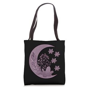 witchcore crescent moon crystal flowers dark goth witch tote bag