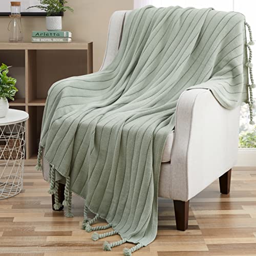 Aormenzy Acrylic Knitted Fringe Throw Blanket, 50" x 60" Throw Blanket with Tassels Ultra-Soft & Breathable, Cozy Decorative Throw Blankets for Couch Sofa Bed Living Room - Sage Green