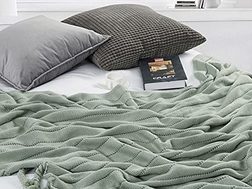 Aormenzy Acrylic Knitted Fringe Throw Blanket, 50" x 60" Throw Blanket with Tassels Ultra-Soft & Breathable, Cozy Decorative Throw Blankets for Couch Sofa Bed Living Room - Sage Green