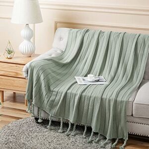 Aormenzy Acrylic Knitted Fringe Throw Blanket, 50" x 60" Throw Blanket with Tassels Ultra-Soft & Breathable, Cozy Decorative Throw Blankets for Couch Sofa Bed Living Room - Sage Green