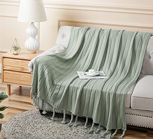 Aormenzy Acrylic Knitted Fringe Throw Blanket, 50" x 60" Throw Blanket with Tassels Ultra-Soft & Breathable, Cozy Decorative Throw Blankets for Couch Sofa Bed Living Room - Sage Green