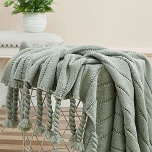 Aormenzy Acrylic Knitted Fringe Throw Blanket, 50" x 60" Throw Blanket with Tassels Ultra-Soft & Breathable, Cozy Decorative Throw Blankets for Couch Sofa Bed Living Room - Sage Green