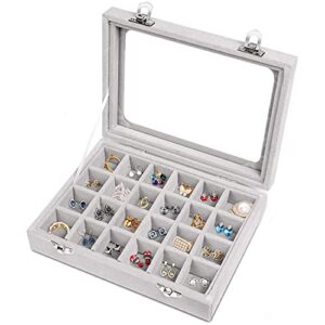 cbcyber jewelry box 24 grid velvet jewelry tray for drawers glass clear lid showcase display storage ring trays holder earrings organizer case(grey)