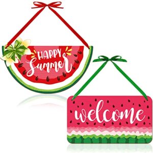 2 pieces watermelon hanging sign watermelon door hanger wood welcome door sign summer watermelon hanging door sign plaque for summer front door wreath home wall decor with hanging rope(happy)