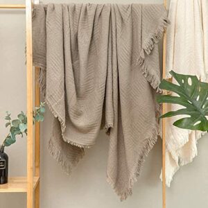 GLORY SEASON 100% Cotton Throw Blanket in Latte Brown Jacqard Weave Fabric with Fringe Soft Warm Cover for Bed Couch and Living Room Sofa,Chair 50x60 Inches