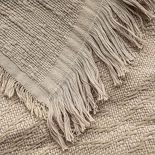 GLORY SEASON 100% Cotton Throw Blanket in Latte Brown Jacqard Weave Fabric with Fringe Soft Warm Cover for Bed Couch and Living Room Sofa,Chair 50x60 Inches