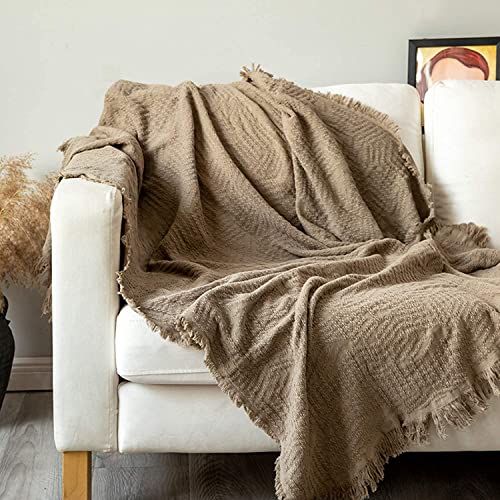 GLORY SEASON 100% Cotton Throw Blanket in Latte Brown Jacqard Weave Fabric with Fringe Soft Warm Cover for Bed Couch and Living Room Sofa,Chair 50x60 Inches