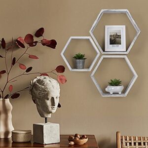 SEHERTIWY Hexagonal Floating Shelves Wall Mounted Set of 3 Wood Farmhouse Storage Honeycomb Wall Shelf for Bathroom, Kitchen, Bedroom, Living Room, Office,Driftwood Finish