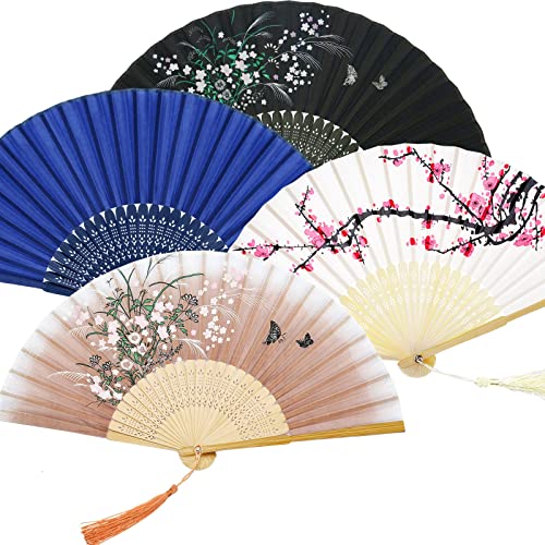 Zonon Handheld Floral Folding Fans Cherry Blossom Pattern Hand Held Fans Silk Bamboo Fans with Tassel Women's Hollowed Bamboo Hand Holding Fans for Women and Men (4 Pieces)