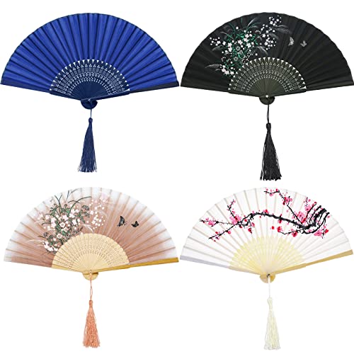 Zonon Handheld Floral Folding Fans Cherry Blossom Pattern Hand Held Fans Silk Bamboo Fans with Tassel Women's Hollowed Bamboo Hand Holding Fans for Women and Men (4 Pieces)