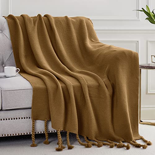 Aormenzy Brown Throw Blanket with Tassels, Knitted Throw Blanket for Couch Bed Sofa, 50" x 60"