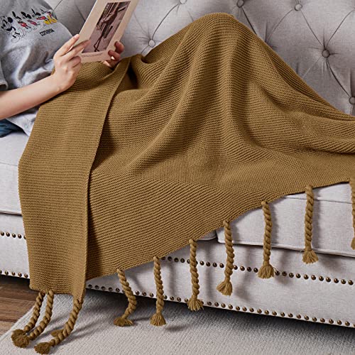 Aormenzy Brown Throw Blanket with Tassels, Knitted Throw Blanket for Couch Bed Sofa, 50" x 60"