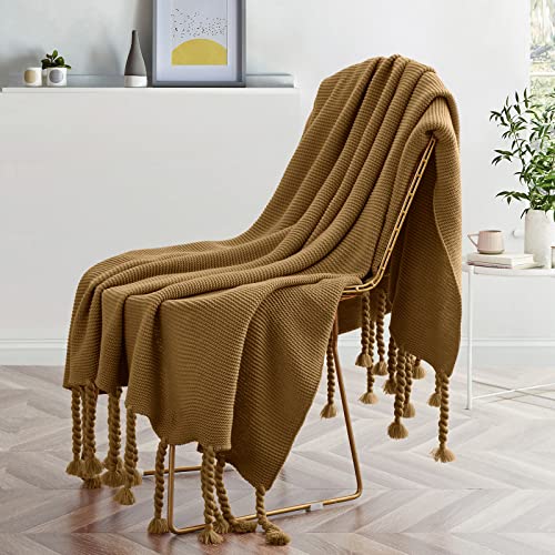 Aormenzy Brown Throw Blanket with Tassels, Knitted Throw Blanket for Couch Bed Sofa, 50" x 60"