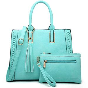 dasein purses handbags for women satchel vegan leather shoulder bags work tote for ladies with matching clutch (turquoise)