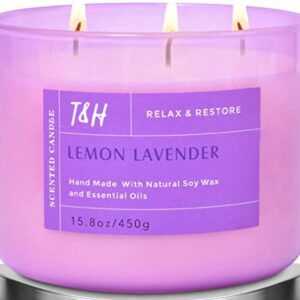 3 Wick Candle - Lemon Lavender Scented Candle with Cedar, Ylang-Ylang & Violet – Strong Candles for Home Scented – Aromatherapy Candle 15.8 oz - Lavender Candle - Natural Soy Candles for Men & Women