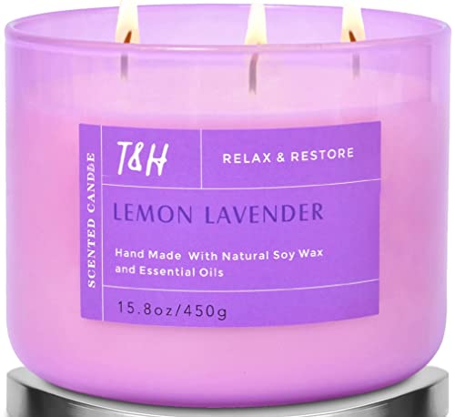 3 Wick Candle - Lemon Lavender Scented Candle with Cedar, Ylang-Ylang & Violet – Strong Candles for Home Scented – Aromatherapy Candle 15.8 oz - Lavender Candle - Natural Soy Candles for Men & Women