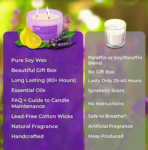 3 Wick Candle - Lemon Lavender Scented Candle with Cedar, Ylang-Ylang & Violet – Strong Candles for Home Scented – Aromatherapy Candle 15.8 oz - Lavender Candle - Natural Soy Candles for Men & Women