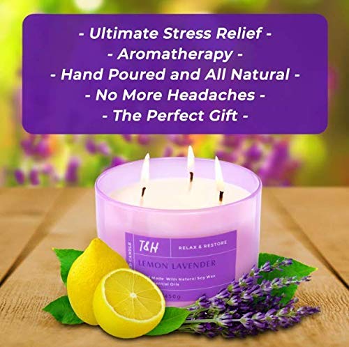 3 Wick Candle - Lemon Lavender Scented Candle with Cedar, Ylang-Ylang & Violet – Strong Candles for Home Scented – Aromatherapy Candle 15.8 oz - Lavender Candle - Natural Soy Candles for Men & Women