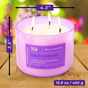 3 Wick Candle - Lemon Lavender Scented Candle with Cedar, Ylang-Ylang & Violet – Strong Candles for Home Scented – Aromatherapy Candle 15.8 oz - Lavender Candle - Natural Soy Candles for Men & Women