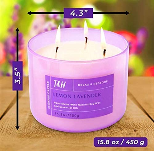 3 Wick Candle - Lemon Lavender Scented Candle with Cedar, Ylang-Ylang & Violet – Strong Candles for Home Scented – Aromatherapy Candle 15.8 oz - Lavender Candle - Natural Soy Candles for Men & Women