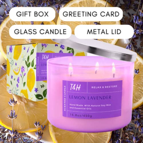 3 Wick Candle - Lemon Lavender Scented Candle with Cedar, Ylang-Ylang & Violet – Strong Candles for Home Scented – Aromatherapy Candle 15.8 oz - Lavender Candle - Natural Soy Candles for Men & Women